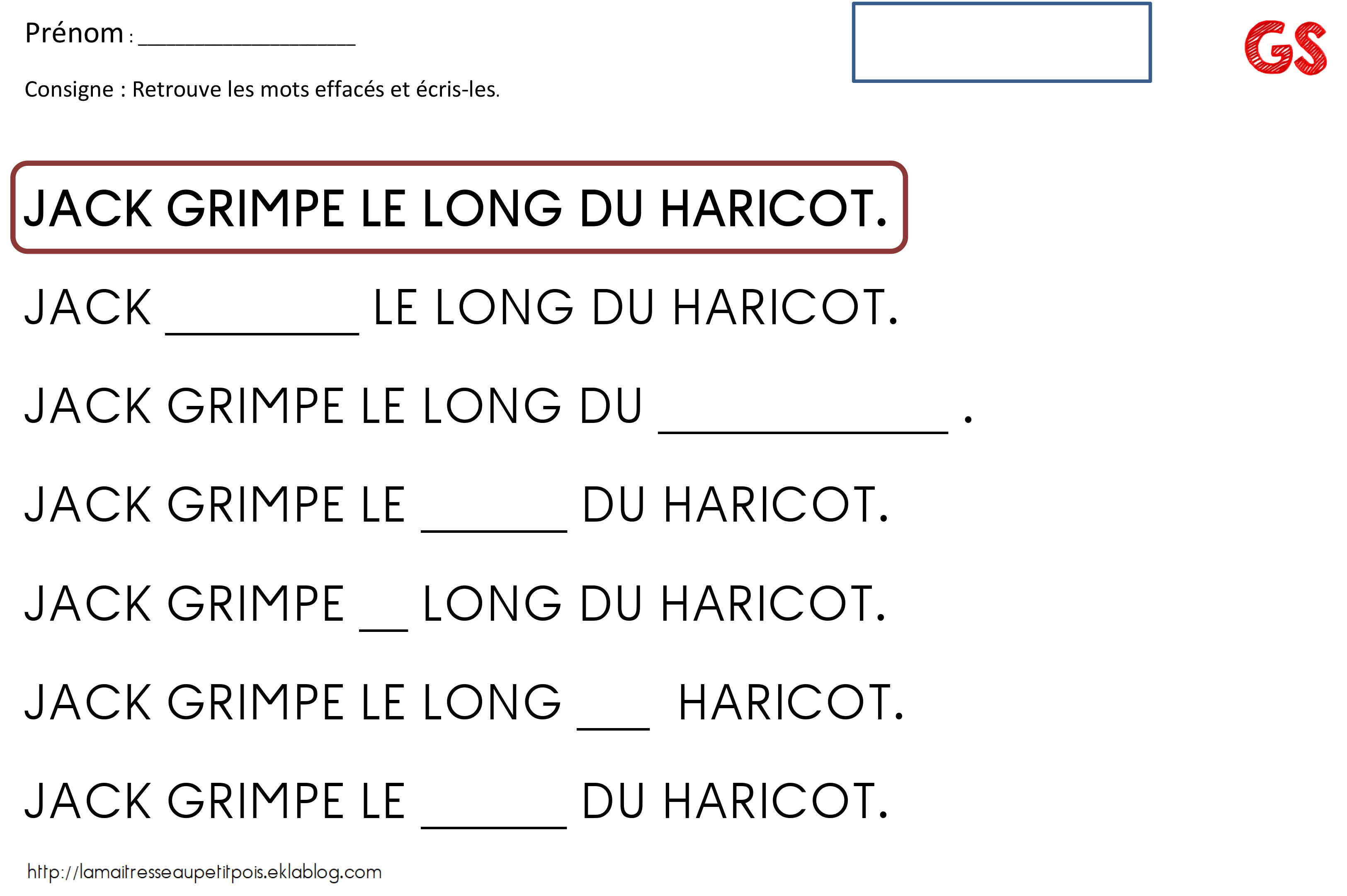 GS - Jacques et le haricot magique - Langage écrit - phrases à ...